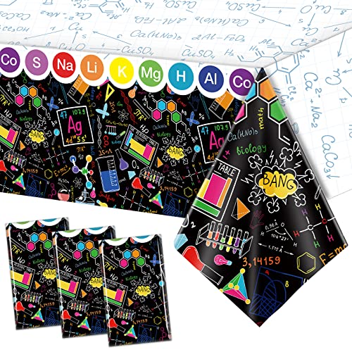 Plastic Science Tablecloth Science Party Decorations Rectangular Table Cover Dark Color Science Themed Table Cloth for Birthday Science Lab Party Classroom Decor, 51 x 87 Inch (3 Pcs)