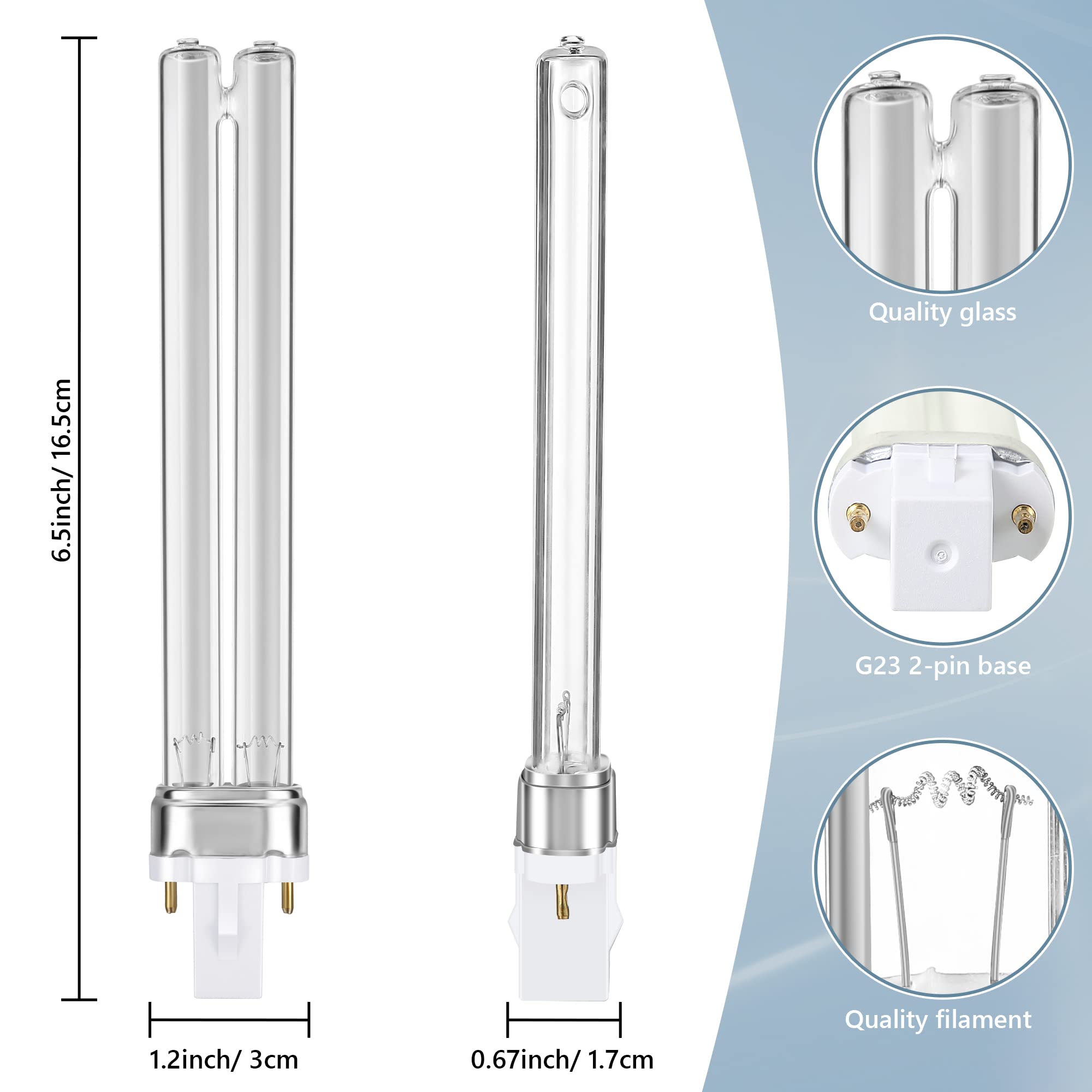 Kittmip 2 Pcs Air Purifier UV Bulb for HVAC Air Condition Duct, UVC G23 2 Pin Base Replacement Light Bulb for D200, R18, R18D R2000 Induct Air Purifier Whole House UV Light (9W)