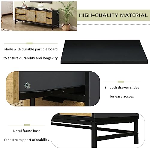 Voohek Rattan Boho TV Stand with Drawers and Adjustable Shelves, Entertainment Center w/Storage for 65 inch Television, Media Console Table for Living Room, Black