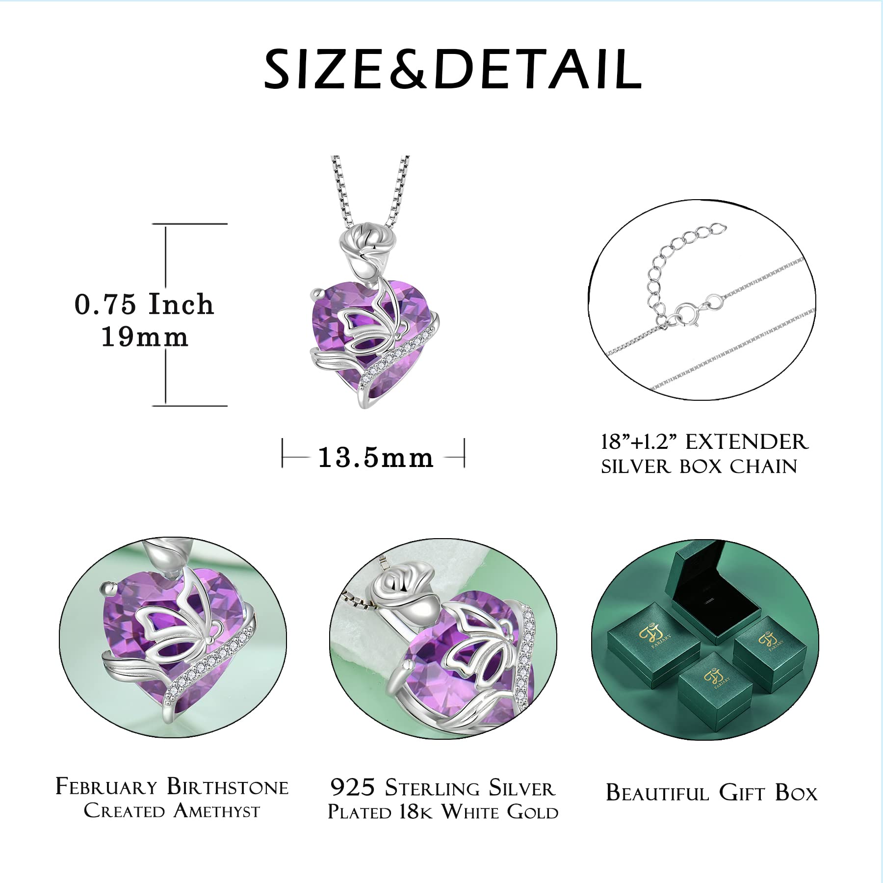 FJ Heart Rose Butterfly February Amethyst Birth Stone Sterling Silver Amulet Jewelry