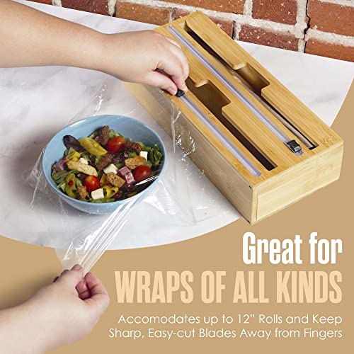 Plastic Wrap Dispenser with Cutter, Aluminum Foil Organizer, Two in One Roll Holder, 13.5"x5.75"x3", Wooden, Bamboo, Reusable, Saran Wrapper Dock, Wax Paper Dispensers for Kitchen Drawer | Houseables