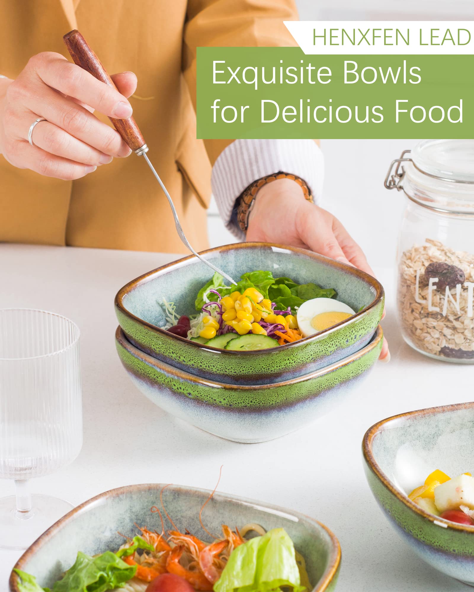 HENXFEN LEAD Ceramic Cereal Bowls, Square Serving Bowls 22 Oz for Side Dish, Appetizers, Salad - Oatmeal, Soup, Fruit Bowls Microwave Oven Safe, Set of 4 - Reactive Green