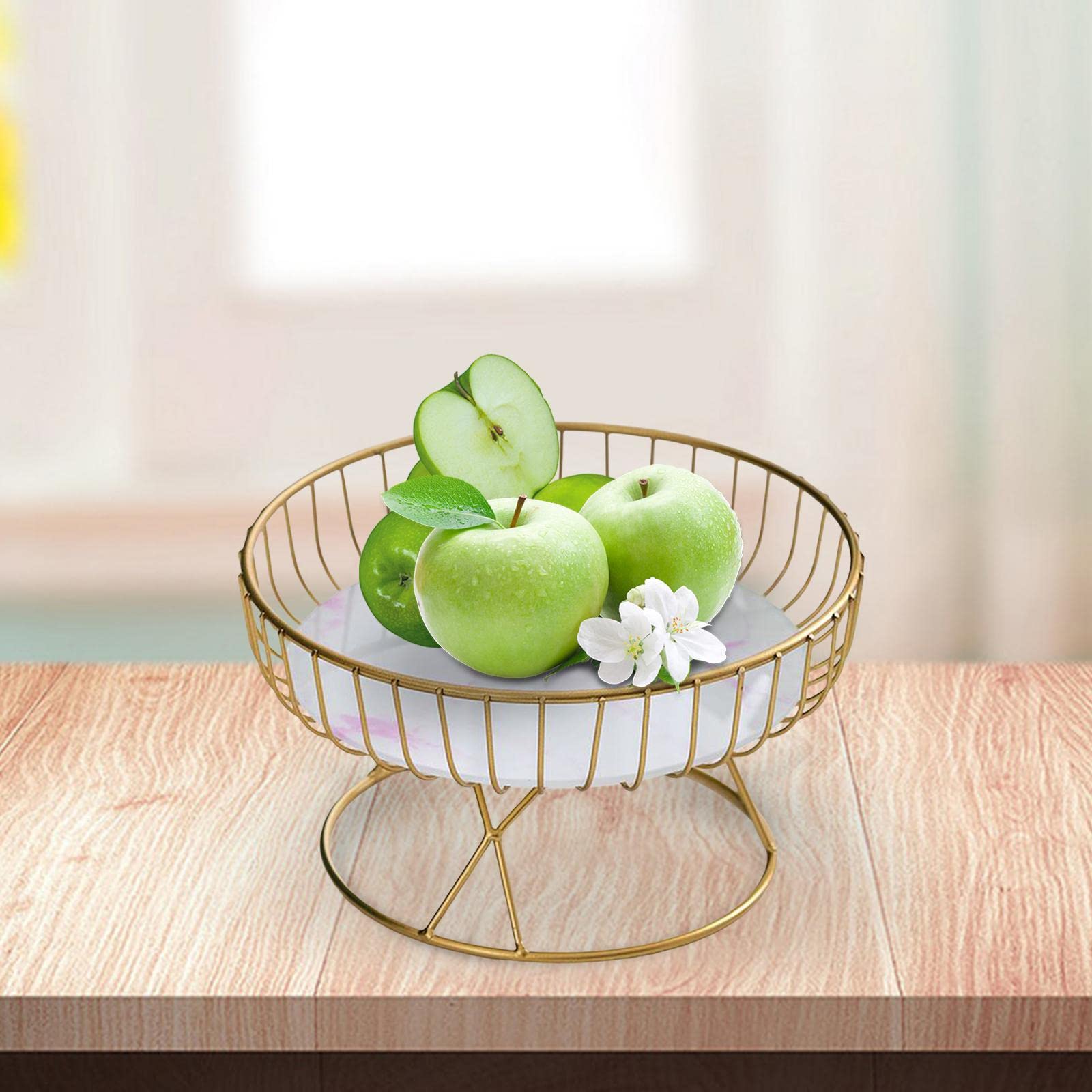 Gralara Metal Wire Fruit Basket, Fruit Holder, Modern Stylish Round Container, Sturdy Fruit Bowl for Kitchen Counter, Outdoor Parties, Living Room, White Pink
