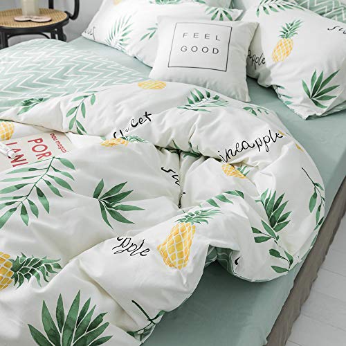 VClife Cotton Sage Green White Duvet Cover Reversible Boho Style Pineapple Herringbone Comforter Set Full Queen Size Bedding Set
