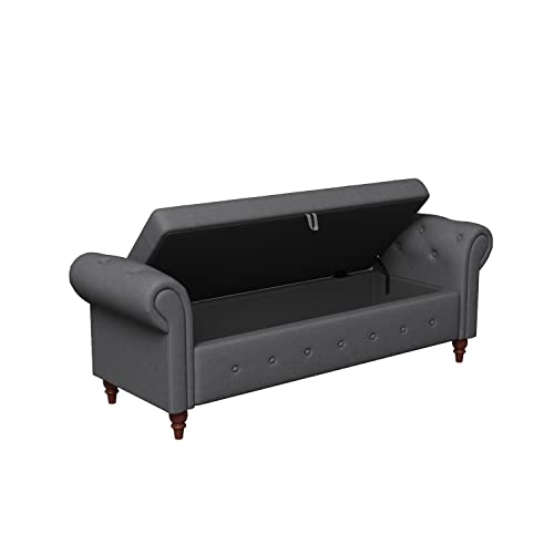 End of Bed Storage Bench Ottoman Linen Fabric Upholstered Button Tufted Padded Footstool Bench&Ottoman with Armsrest and Soild Wood Legs for Home Apartment Entryway Living SpaceDark Grey