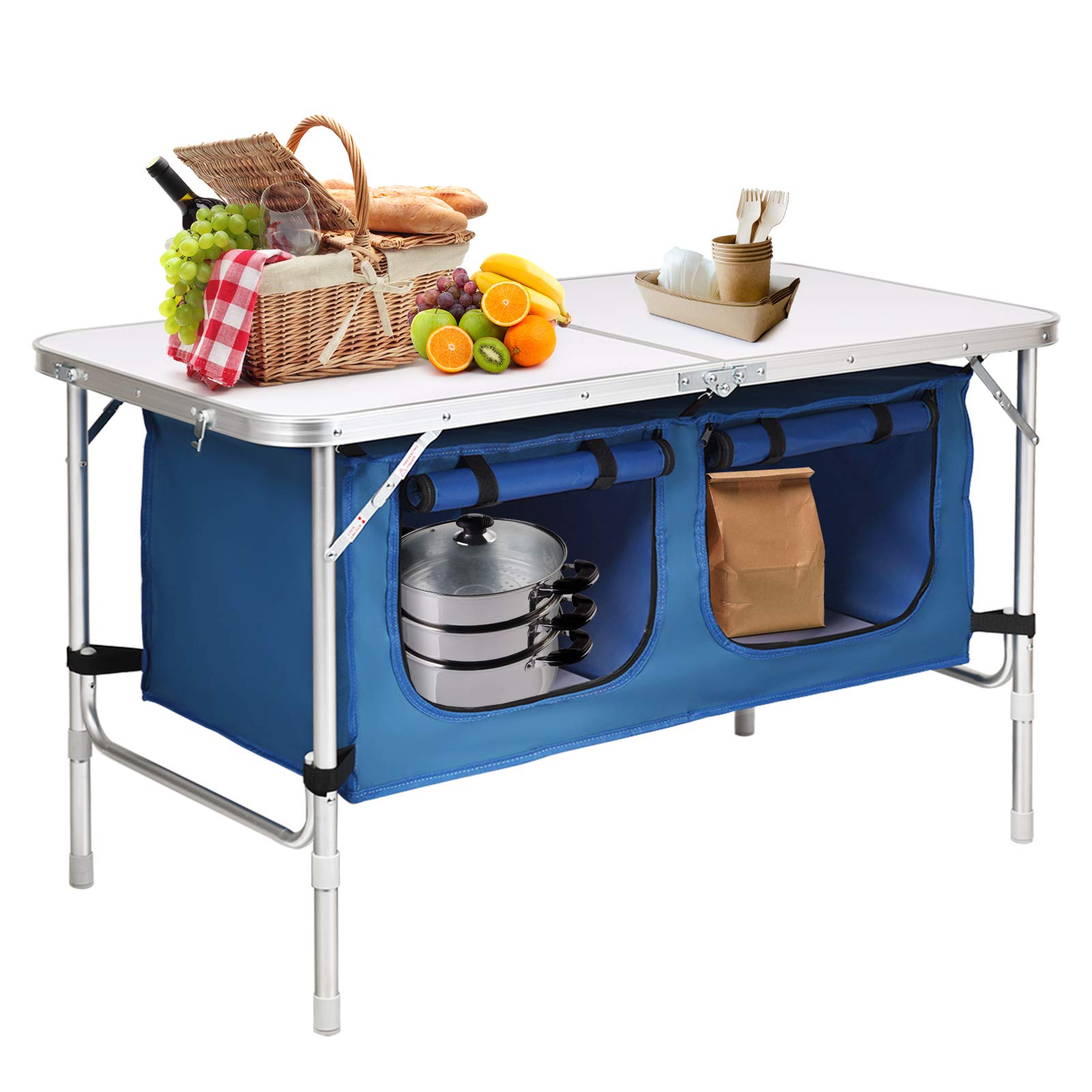 Happytools Portable Camping Table with Storage, Lightweight Aluminum Folding Table with Adjustable Legs, Outdoor Foldable Picnic Table for BBQ, Cooking, Camp & Party (Grey)