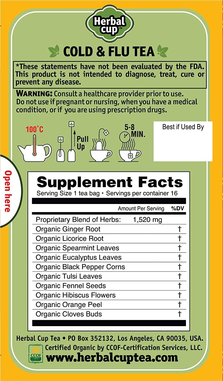 Herbal Cup Ayurveda Cold & Flu Tea, Organic Health & Wellness, No Caffeine Herbal Teas (16 Count, Pack of 1)