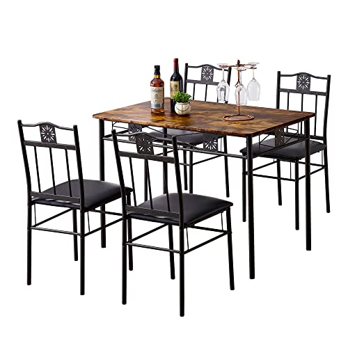VECELO Dining Table Set with 4 Chairs, Retro Brown & Bella Nonstick Cookware Set - Aluminum Bakeware, Pots and Pans, Storage Bowls & Utensils, Compatible with All Stovetops, 21 Piece, Red