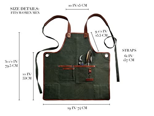Garden Apron for Women Men, Gardening Apron with Pockets and Adjustable Leather Straps, Canvas Waist Kitchen Apron for Harvesting Weeding Gardening Cooking Baking, Gardener Gift Idea
