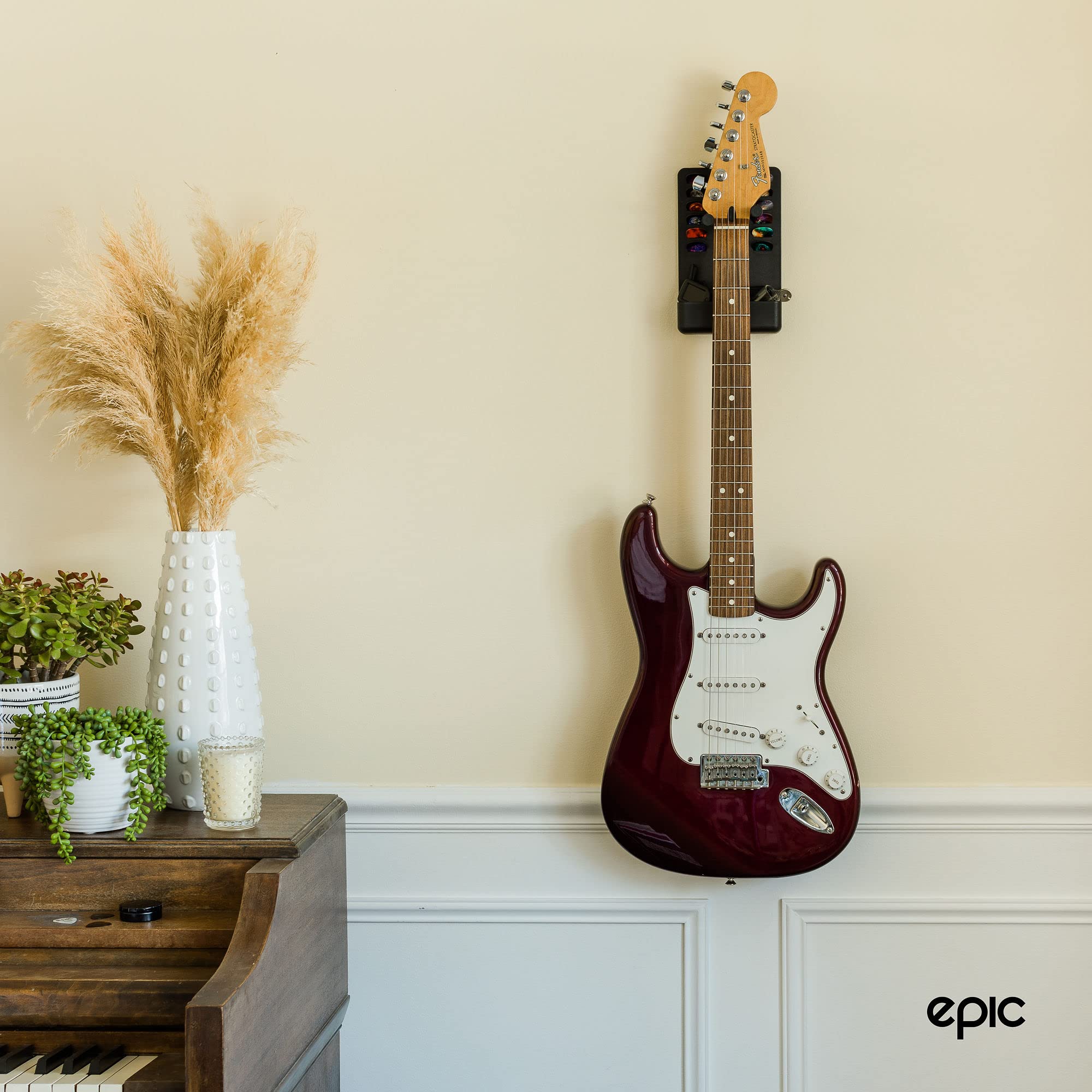 Guitar Wall Mount Hanger Black with Large Storage Compartment Shelf for Guitar Accessories Guitar Mount Guitar Holder Guitar Shelf Guitar Hooks for Wall No Drill Guitar Hanger