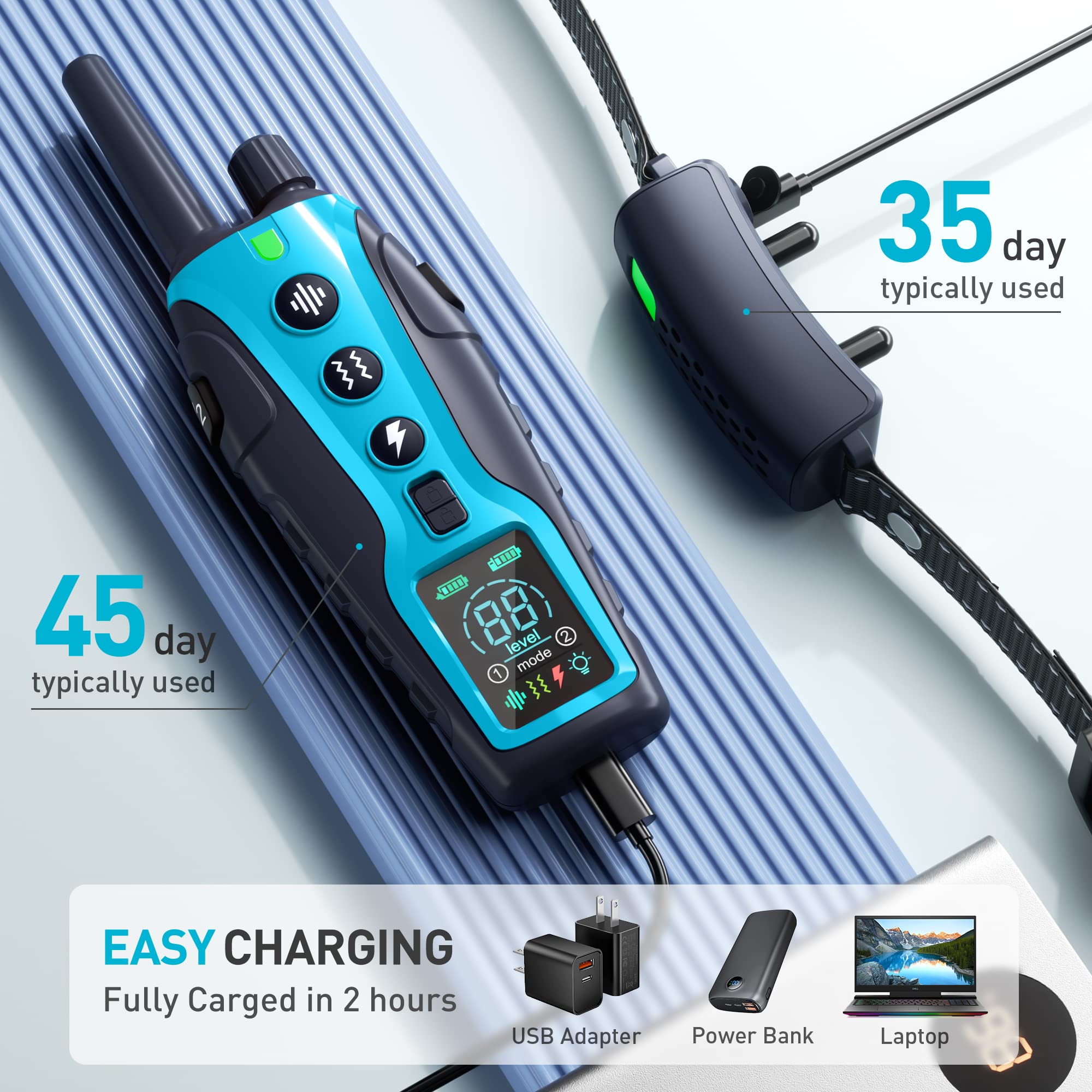 Nikketta Dog Shock Collar with Flashing Light for Night Walks,Dog Training Collar with Adjustable Pitch Beep,Vibration,Shock and Keypad Lock,Dog Training Collar with Remote 4000FT,Cyan-Blue