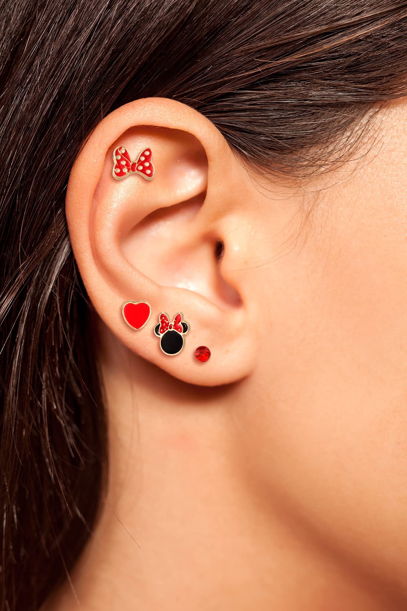 Disney Minnie Mouse Girls Earrings 4-Pack Official License, Red Crystal and Enamel-Plated Stud Earrings for Girls
