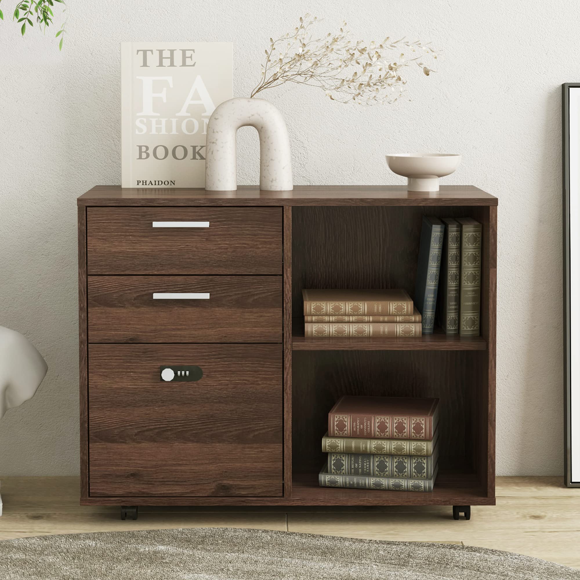 Drawer Wood File Cabinet with Coded Lock, Hanging File Folders A4 or Letter Size, Small Rolling File Cabinet Printer Stand Office Storage Cabinet Office Pulley Movable File Cabinet (Brown Oak)