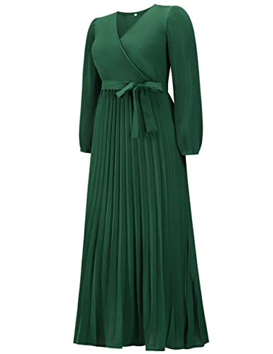 Women's Elegant Wrap V Neck Lantern Sleeve Belted Pleated Flowy Maxi Long Dress Wedding Guest Dress