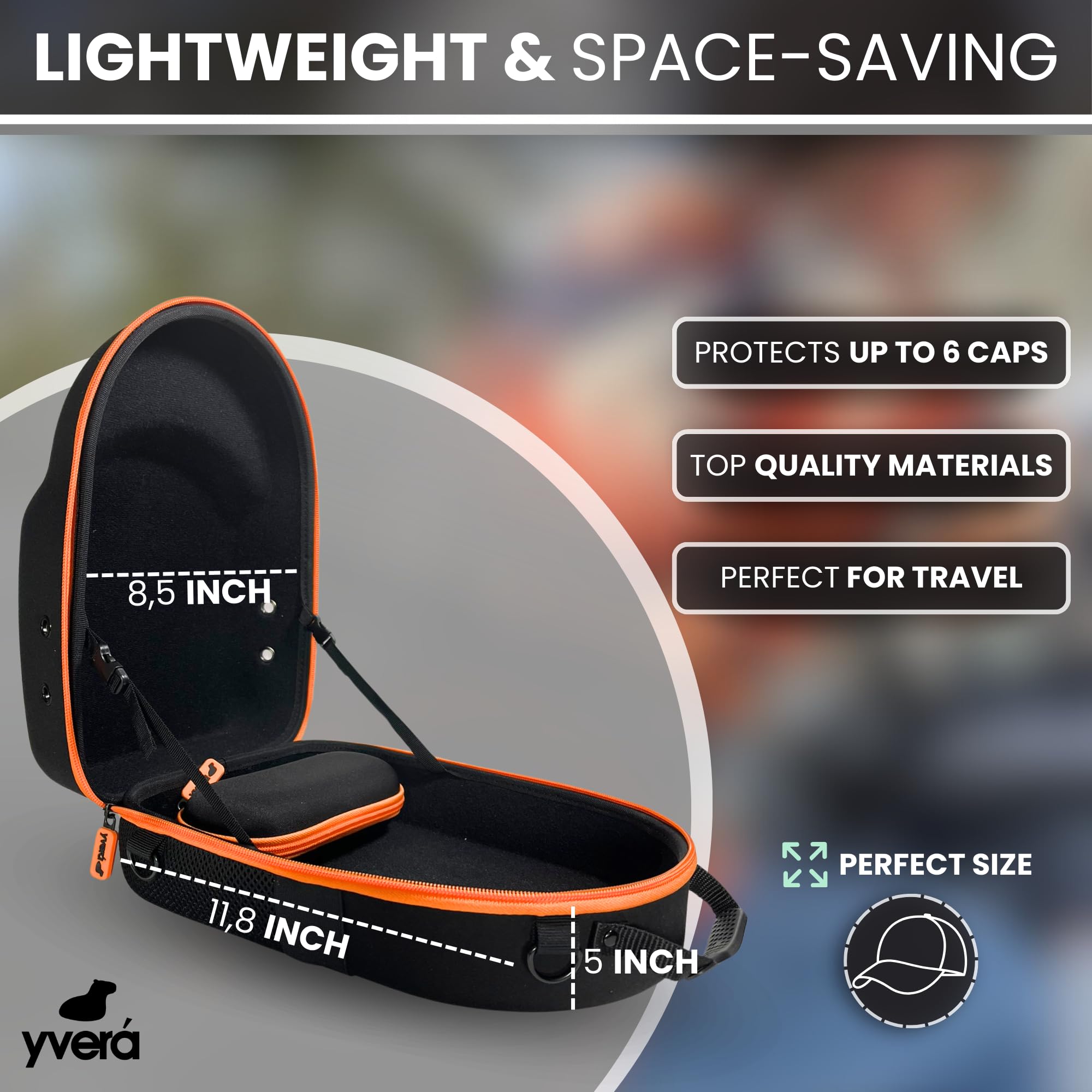 Hat Travel Case - Hat Carrier for Travel Hat Case for Travel with Sunglasses case, Airpods Pocket, 2 Straps - Baseball Cap holder organizer - Hat Storage for Baseball caps - yvera