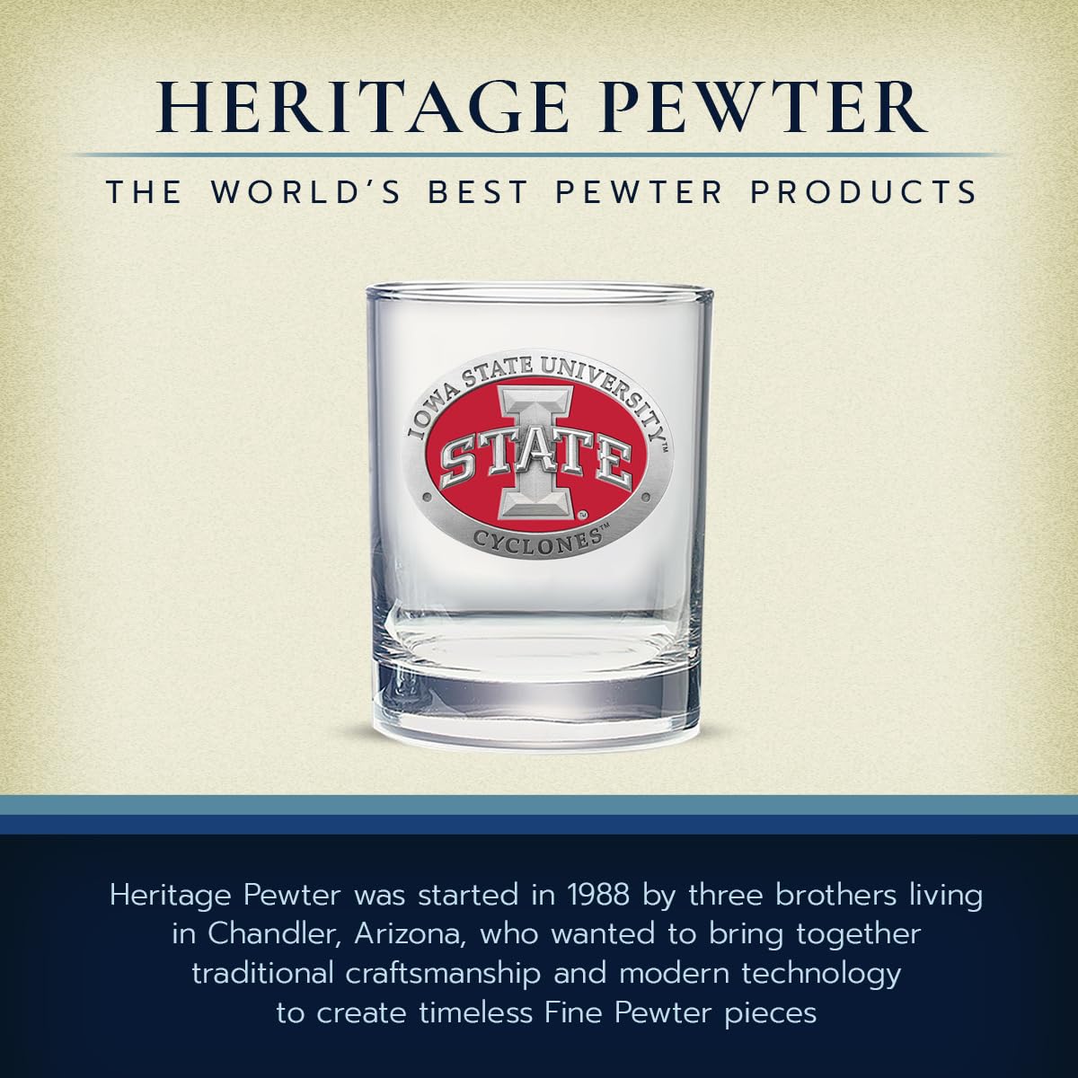 Heritage Pewter Iowa State Double Old Fashioned Glass | Double Rocks Glass 14 OZ for Liquor | Expertly Crafted Pewter Glass