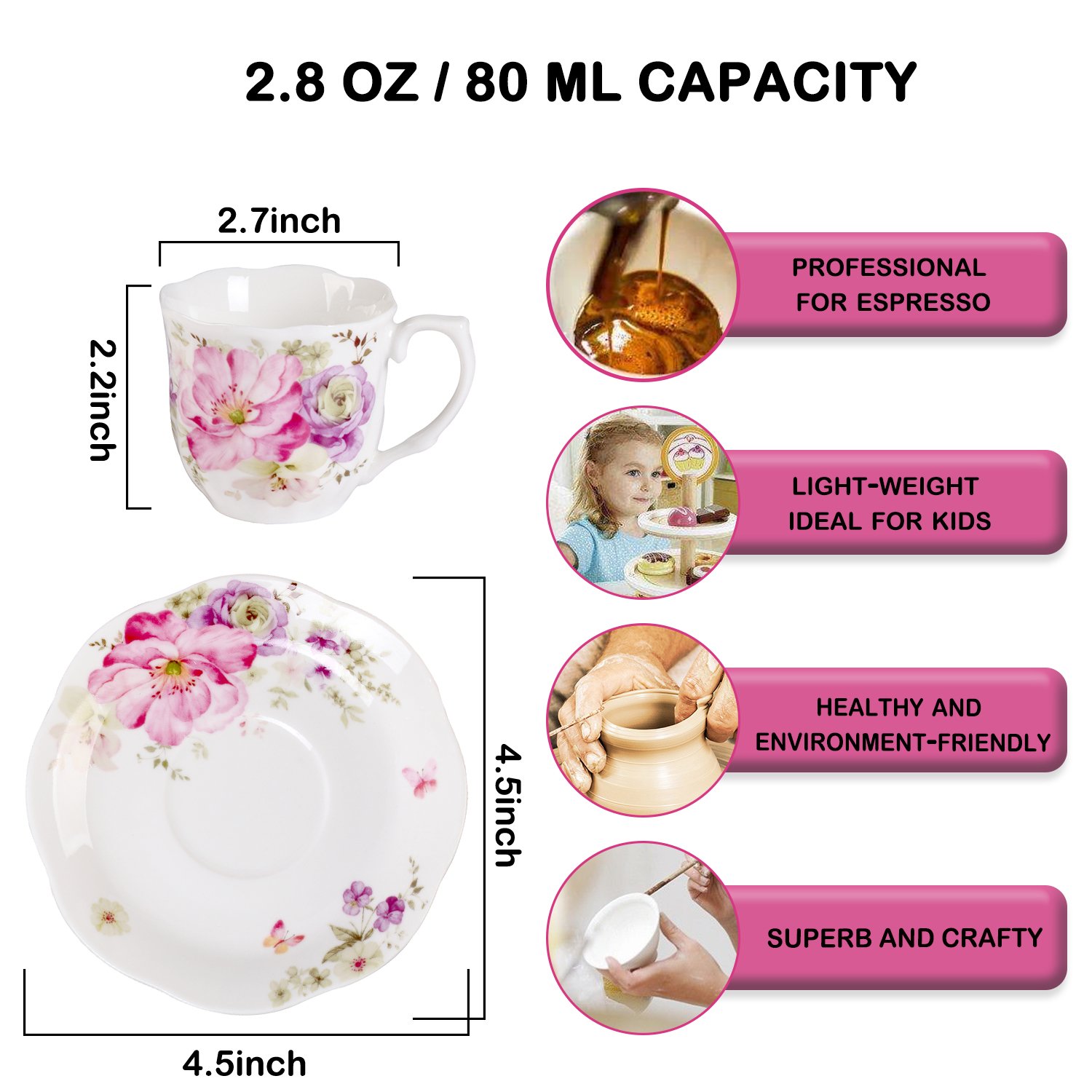 GuangYang 12 Pieces (Tiny Style) Espresso Cups and Saucers,2.5 ounce/80ml,Set of 6,Mini Premium Porcelain Coffee Cup Set, Fancy Flower Pattern Design