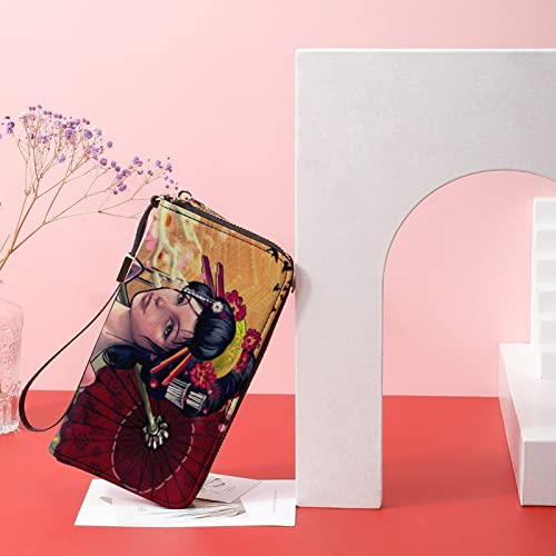 FunnyStar Beautiful Japanese Geisha Women's Long RFID Hand Wallet Wristlet Clutch Purse PU Leather Handbag with Wrist Strap