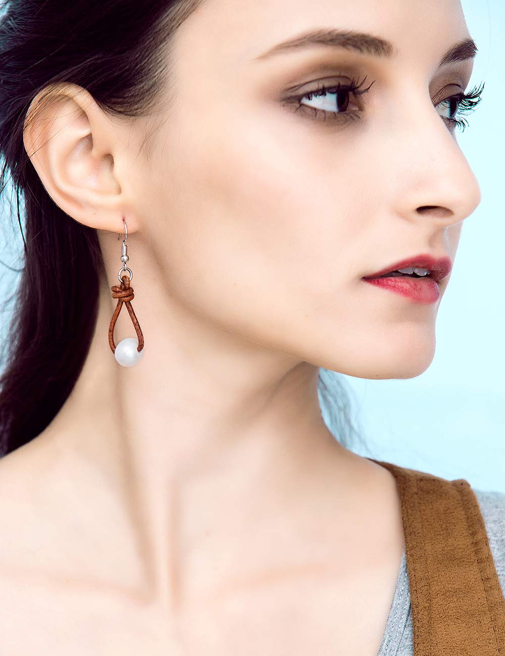 Freshwater White Pearl Dangle Earrings Genuine Leather Cord Hook Drop Bohemian Jewelry for Women Black