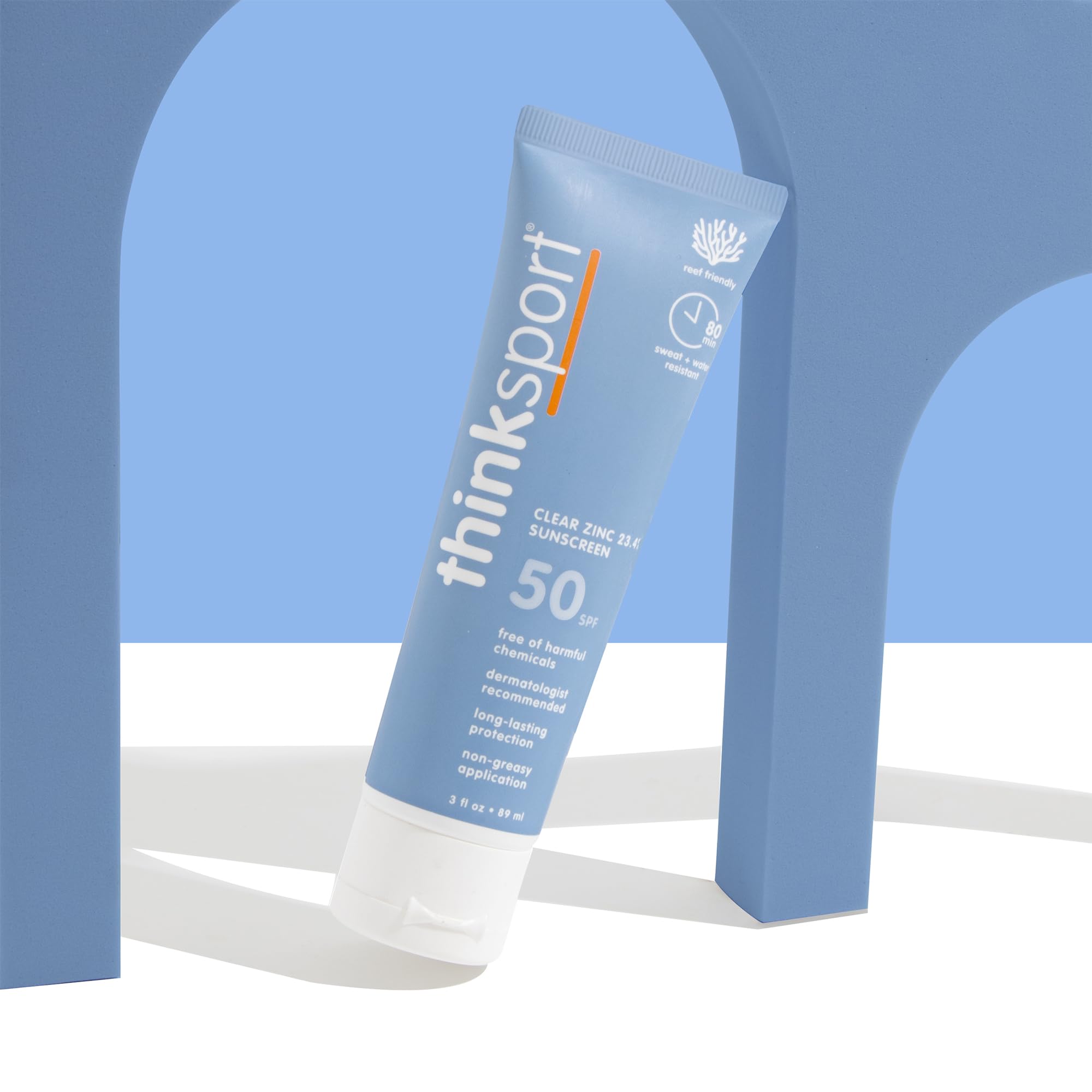 Thinksport Mineral Sunscreen, SPF 50 Clear Zinc Oxide Sunscreen, 3 Fl Oz, Natural, Water Resistant Reef Safe Sunscreen, Broad Spectrum UVA/UVB Sun Screen for Sun Protection, Travel Size