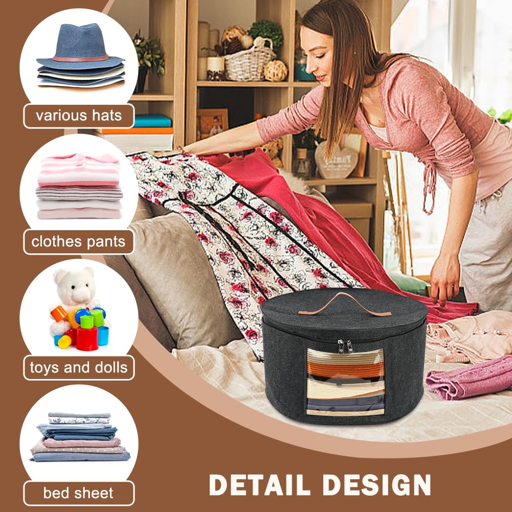 NINEFOX Hat Boxes for Women Storage, Hat Storage Box, Foldable Large Hat Box with Lids Round Box with Lid Toy Storage, Dark Grey