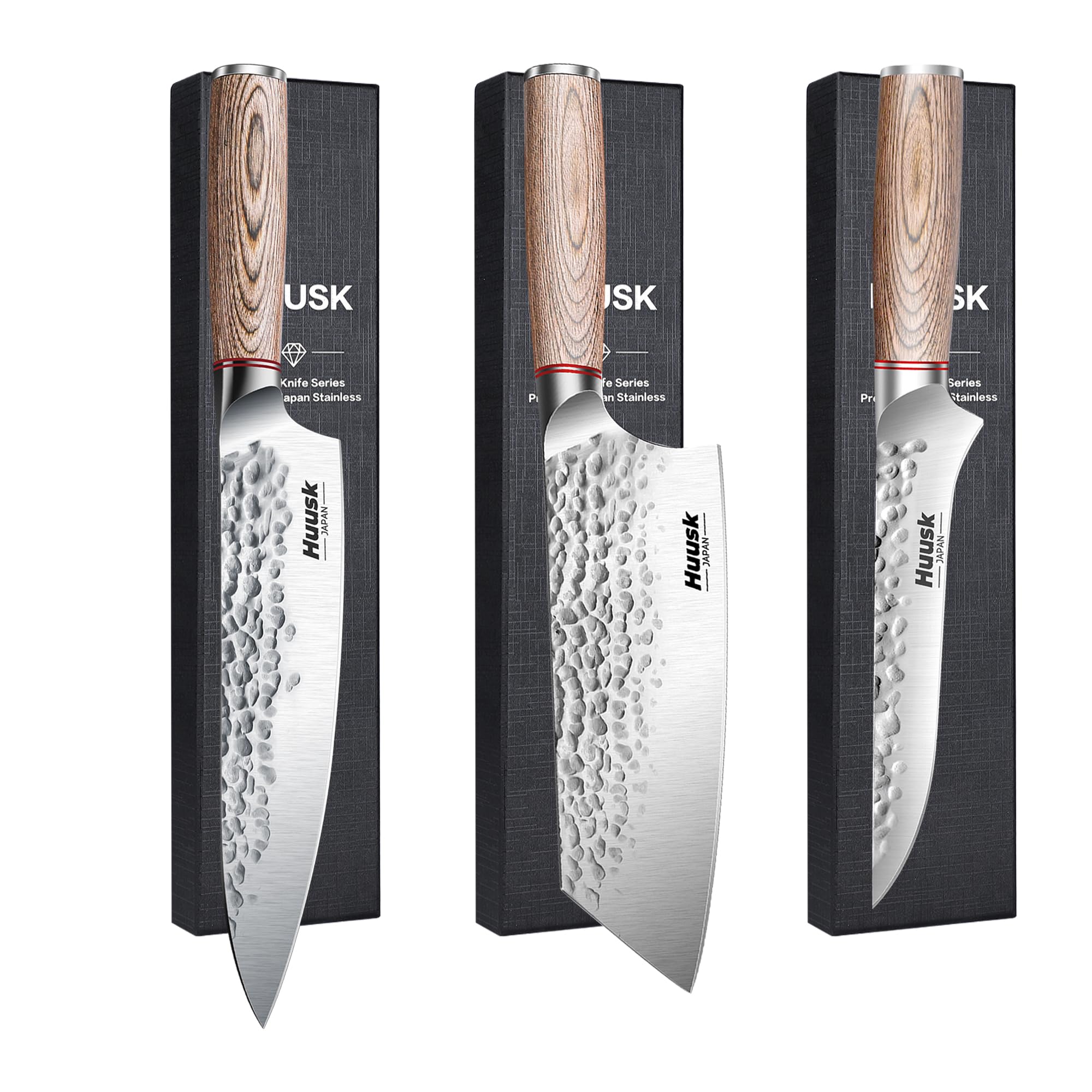 Huusk Professional Kitchen Knife Set Japanese Santoku Knife High Carbon Steel Vegetable Meat Knife with Ergonomic Pakkawood Handle and Gift Box for Family Restaurant