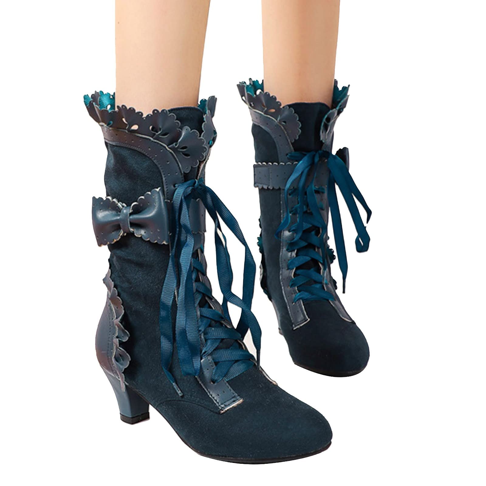 FASDNENDYS Womens Shoes Plus Size Lace Bow High Thick Heel Front Lace Up Plus Size Womens Short Wide Calf Boots for Women Western Blue
