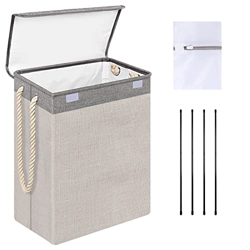 POBOMVOM 60L Laundry Basket with Lid, Hampers for Laundry with Rope Handles Waterproof Lining Detachable Brackets Dirty Clothes Hamper for Bedroom, Bathroom Dorm Organization (19 inches, Light Grey)