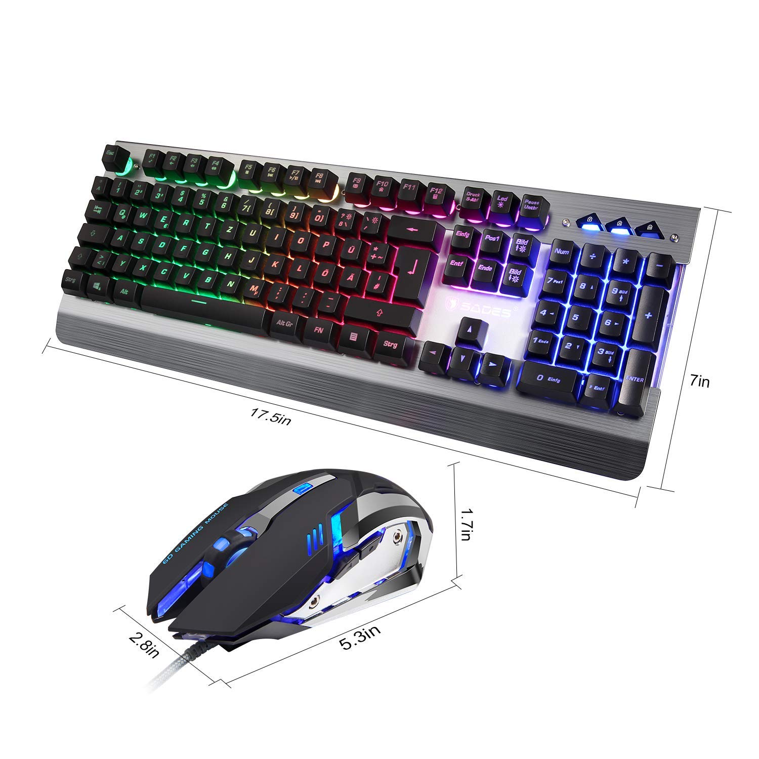 Gaming Keyboard and Mouse Combo Wired LED RGB Backlit,104 Keys USB Ergonomic Wrist Rest Keyboard, 3200DPI 6 Button Mouse for Windows PC & Mac OS (Black)