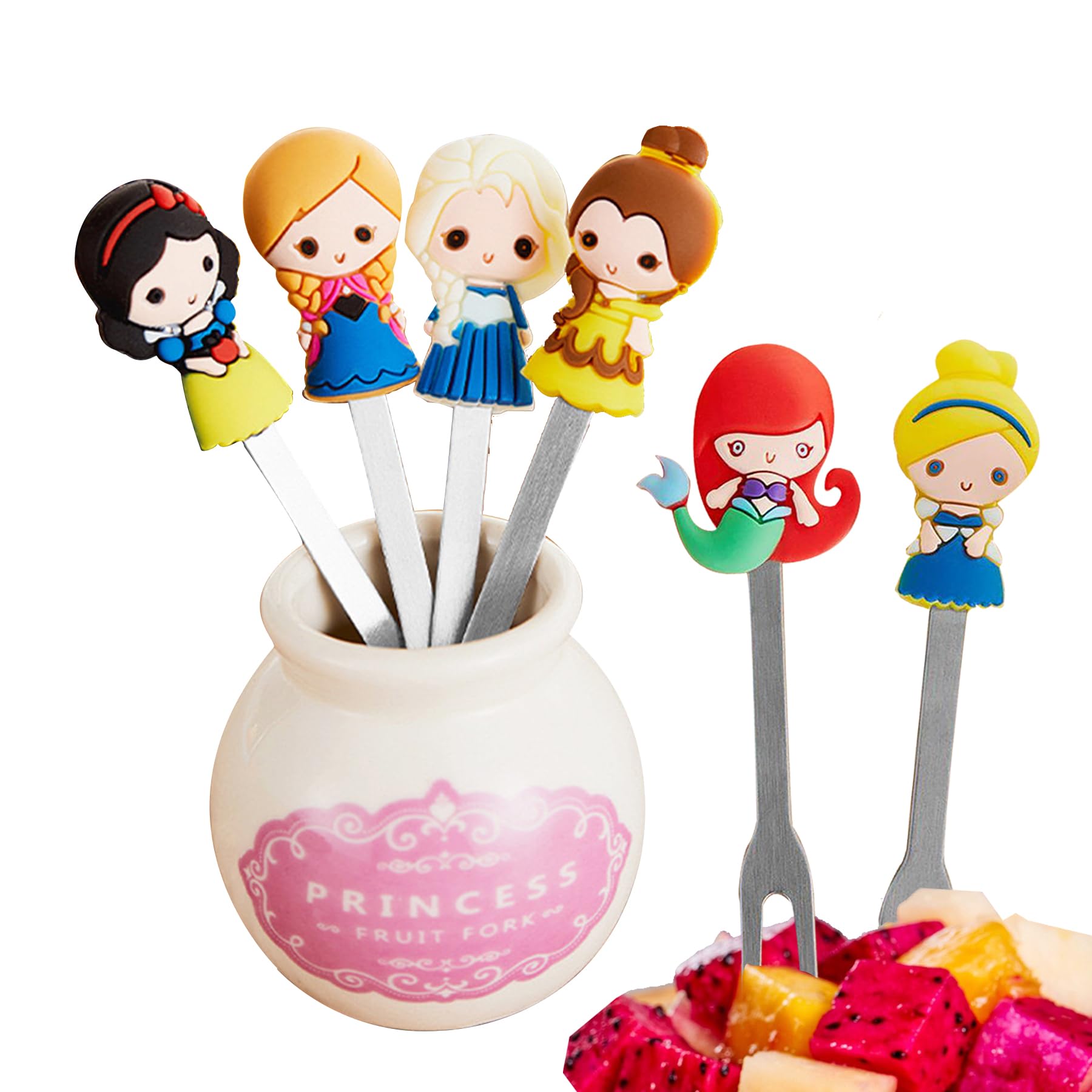 SXunacou Fruit Fork, Fun Cute Cartoon with Ceramic Storage Box Holder Stainless Steel Food Pick Forks for Home Household (A)