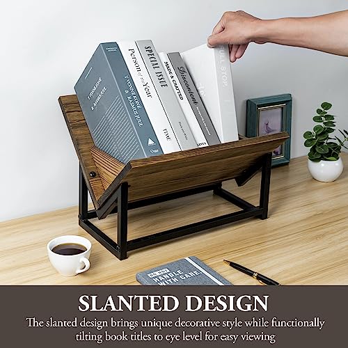 MyGift Rustic Burnt Solid Wood and Industrial Matte Black Metal Tilted Book Display Rack Shelf, Desktop Storage Organizer Bookshelf, Decorative Standing Bookcase