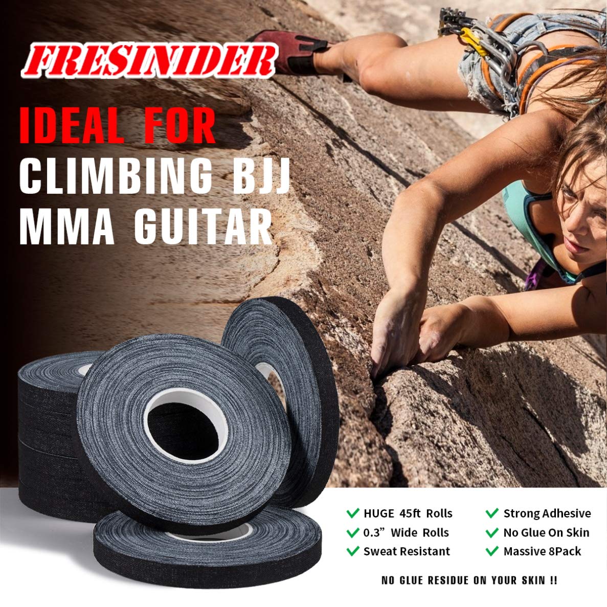 FRESINIDER Finger Tape - Strong Athletic Tape | 0.3β x 45 Feet (9 Pack) Tin Set | No Sticky Residue | for Rock Climbing, BJJ Jiu Jitsu, Grappling, Judo, MMA, Rock Climbing and Martial Arts (Black)