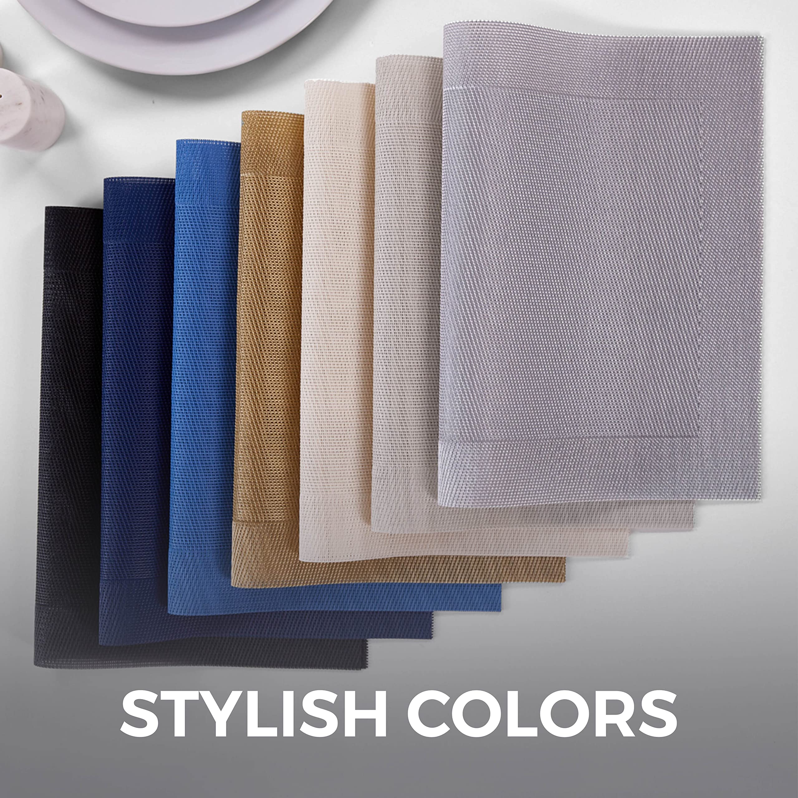 Home Genie Heat Resistant Placemats, Dining Room Table Mats, Protect Surfaces, Woven Placemat Setting for Dinner, Washable Vinyl Food Grade Mat, Kitchen Decor Accessories, Set of 4, Size 18x12, Silver