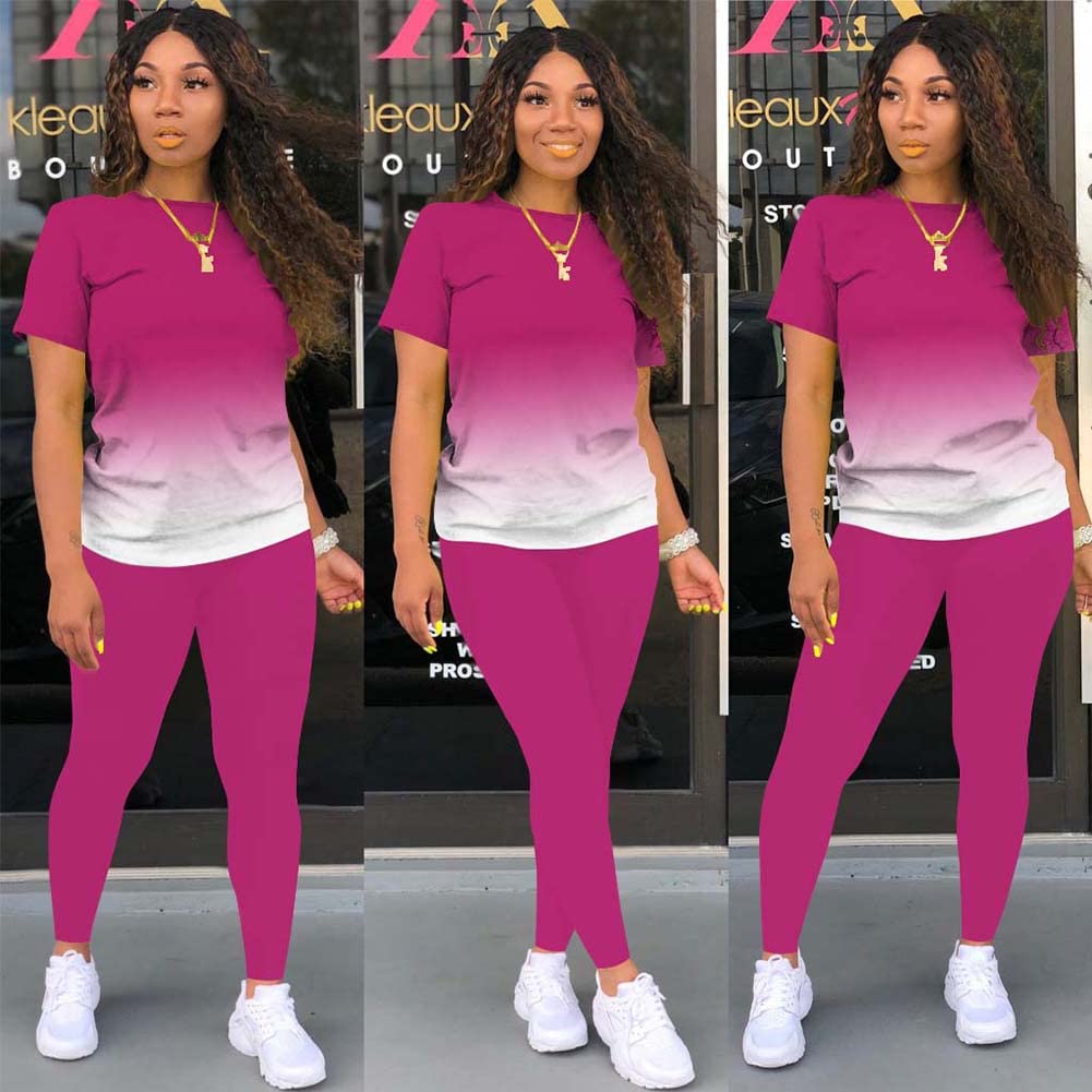Fooullaide Women Summer 2 Piece Outfit Set Gradient Print Short Sleeve Tops Bodycon Long Sweatpants Tracksuit Sweatsuit