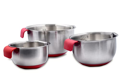 Kansara Stainless Steel Mixing Bowls, Non slip silicone base bowls with Handle, Mixing Bowl Set with Pour Spouts & Measurement Marks, Home Essentials Cooking Bowls (Size: 1QT, 2.5QT, 4QT) Red Color
