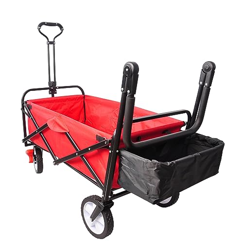 Folding Wagon Collapsible Outdoor Utility Wagon, Heavy Duty Folding Garden Portable Hand Cart, Drink Holder, Adjustable Handles