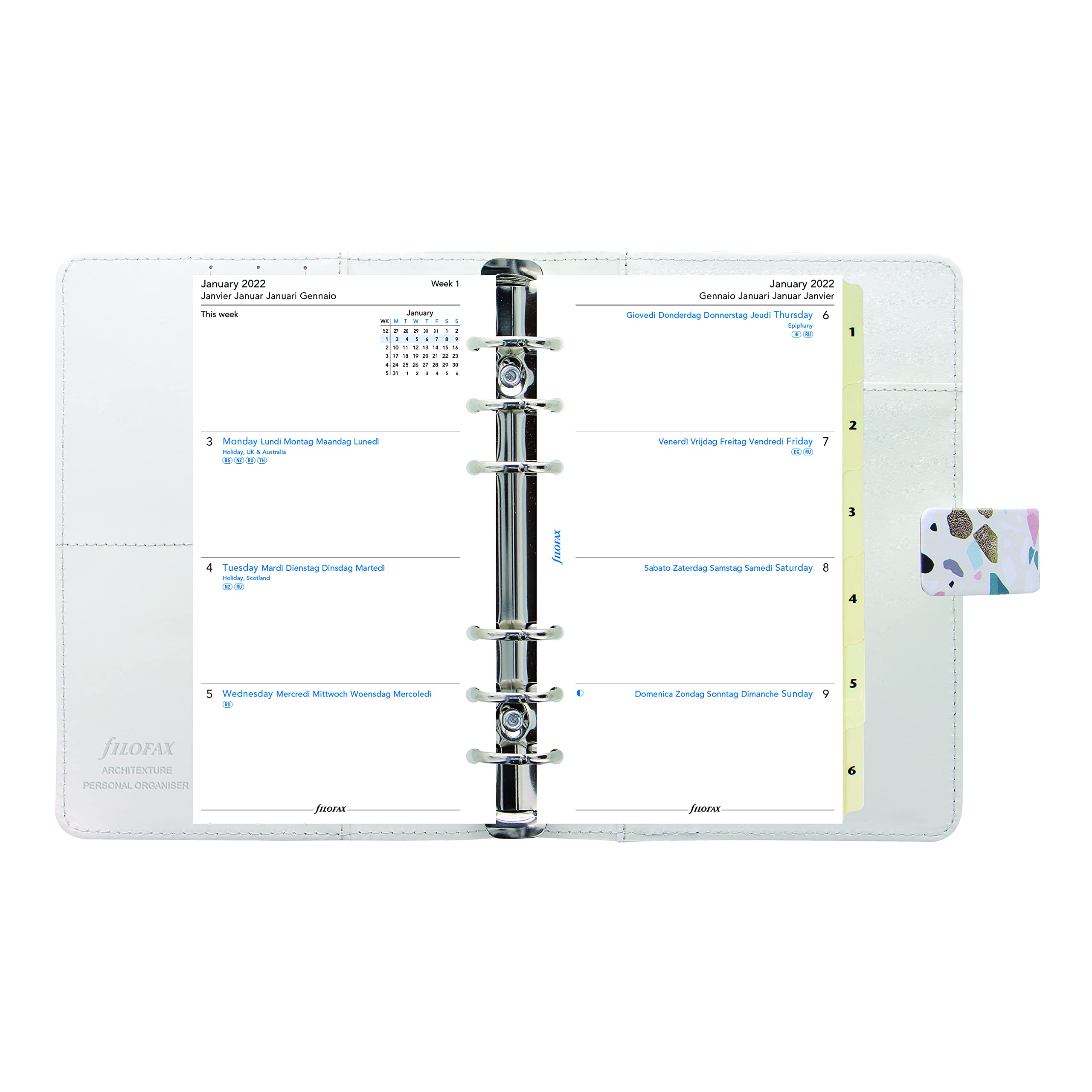 Filofax Architexture Organizer, Personal Size, Terrazzo - Italian Inspired, Flecked Foil Design, Six Rings, Week-to-View Calendar Diary, Multilingual, 2022 (C029701-22)
