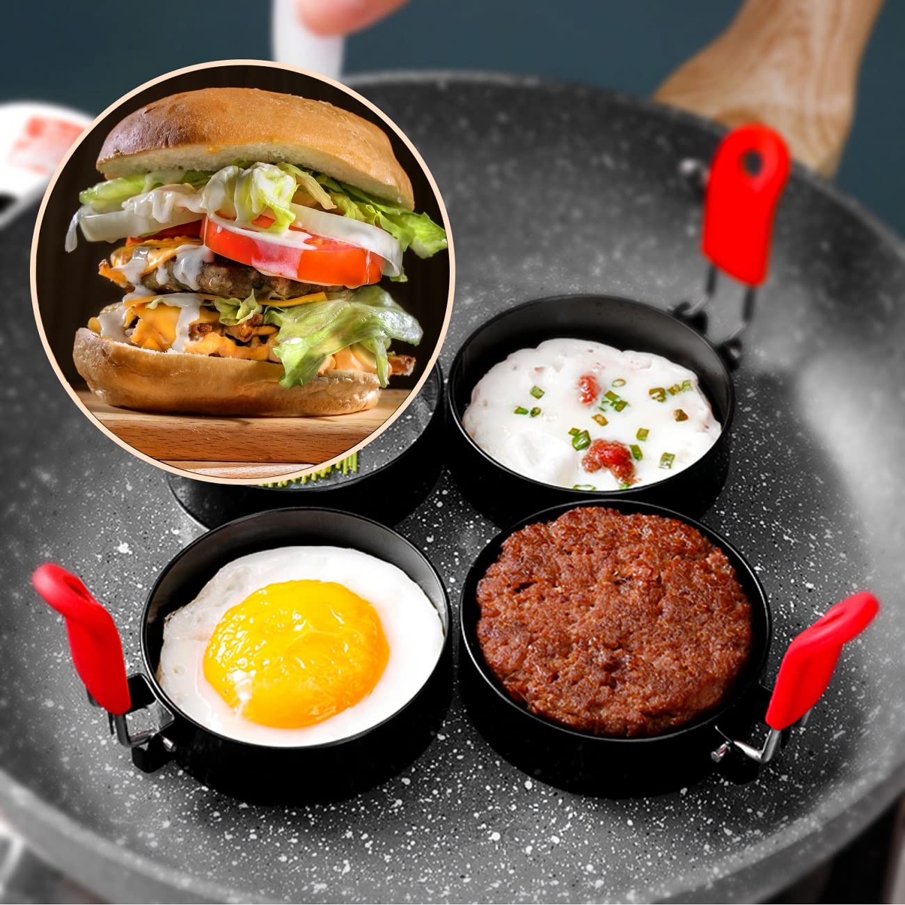JANNO 6PCS Pancake Mold, Egg Ring, Nonstick Black Coated Metal Cooking Rings with Silicone Anti-scald Handle for Griddle, DIY Sandwich Eggs, English Muffin, Pancakes, Burger, Breakfast