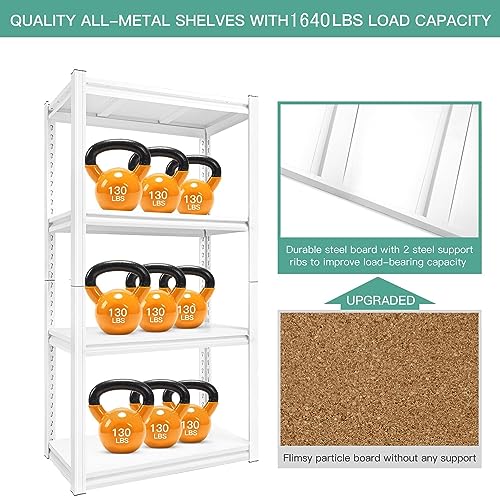 Raybee Garage Storage Shelves, Garage Shelving, 4 Tier Garage Shelves, Adjustable Heavy Duty Storage Shelves, Easy Assembly Metal Shelves for Storage, Kitchen, Pantry, White