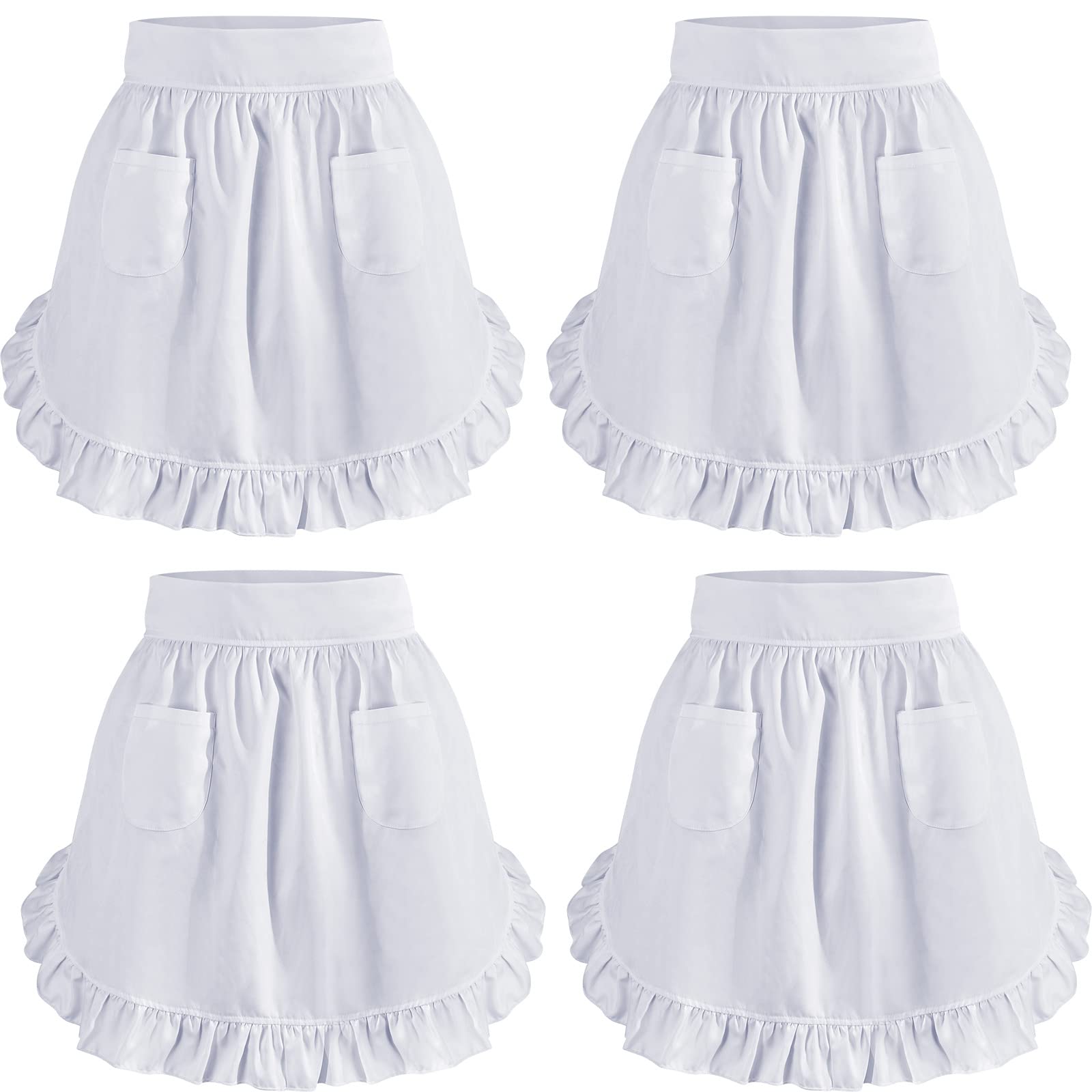 Hercicy 4 Pack Waist Apron Ruffle Retro Apron White Half Apron Maid Apron Cute Vintage Apron with Pockets for Women Chef Waitress Cooking Kitchen Costume