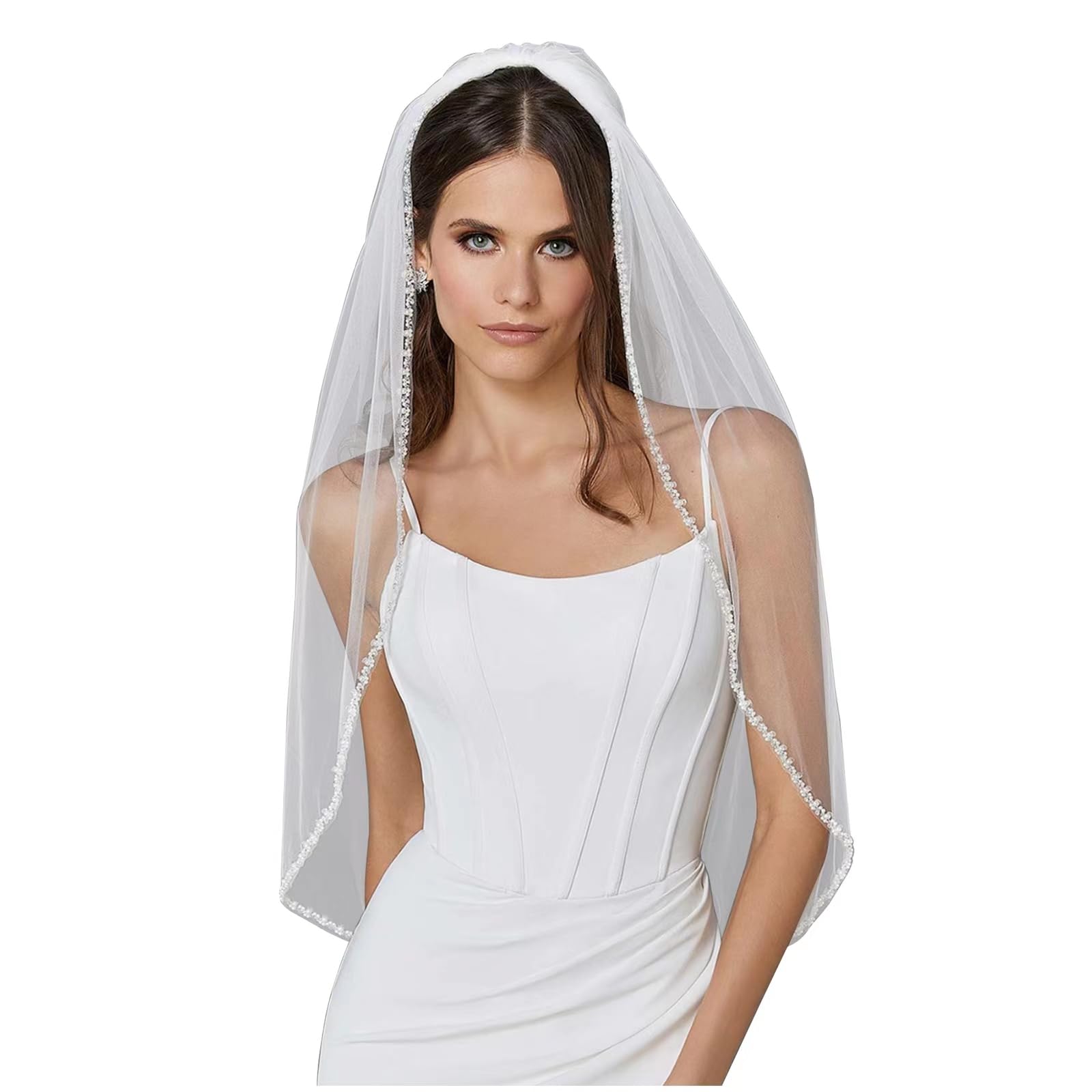 Grettytling Wedding Veil Pearls and Crystals Beaded Edge 1 Tier Fingertip Length Bridal Veil9(White)