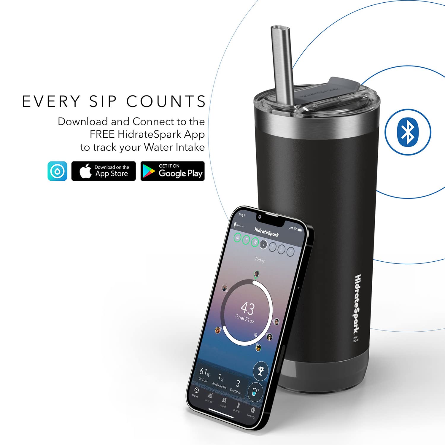 Hidrate Spark PRO Smart Tumbler β Insulated Stainless Steel β Tracks Water Intake with Bluetooth, LED Glow Reminder When You Need to Drink β 20oz, Black