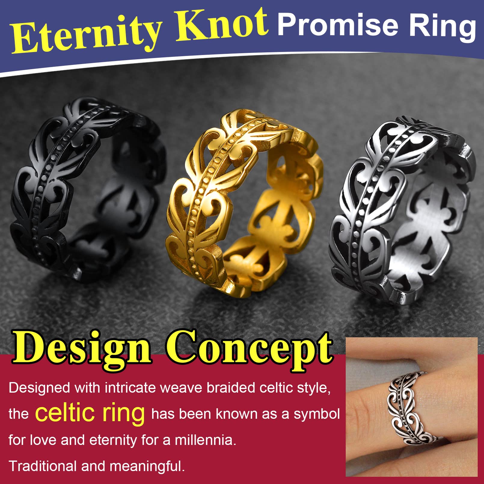 FaithHeart Women Gold Plated Celtic Love Knot Rings Classcial Vintage Style Wedding Engagement Gift