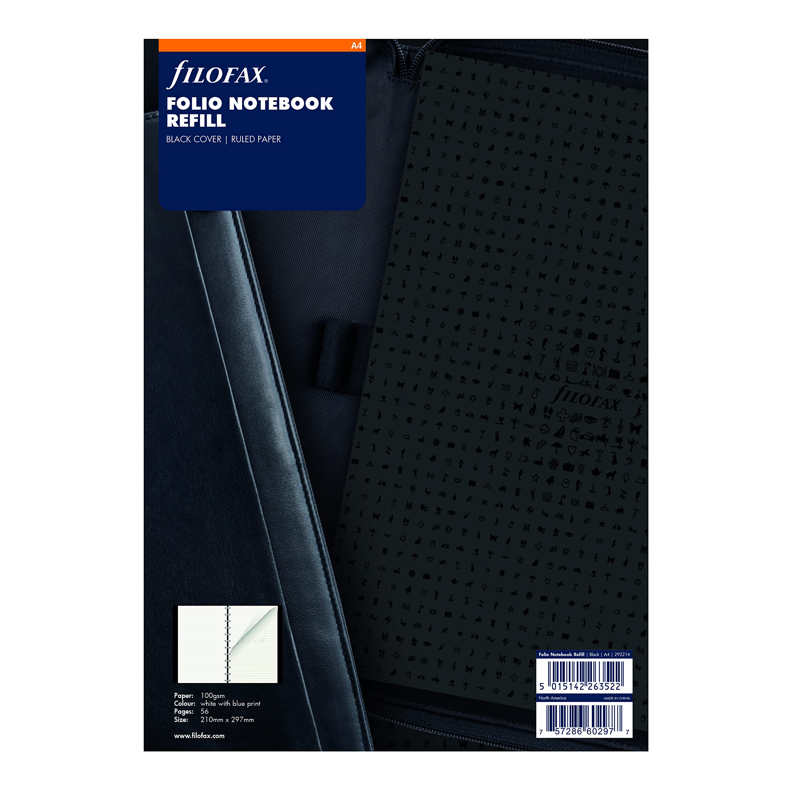 Filofax Folio Refill, A4 Size, Icon Black Notebook, Ruled, 11" x 8", White Paper (B292214)