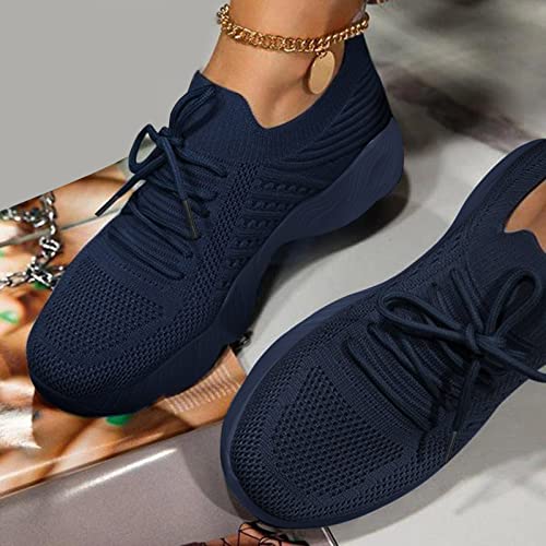 FASDNENDYS Ladies Fashion Solid Color Mesh Breathable Round Toe Lace Up Low Top Flat Beach Shoes Dark Blue