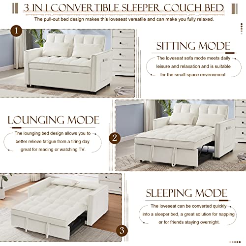 Velvet Pull Out Sleeper Sofa Bed, Convertible Futon Couch Bed with Adjustable Backrests, 3 in 1 Modern Loveseat with 2 Pockets and Pillows, Small Love Seat for Living Room, Guest Room, Off White