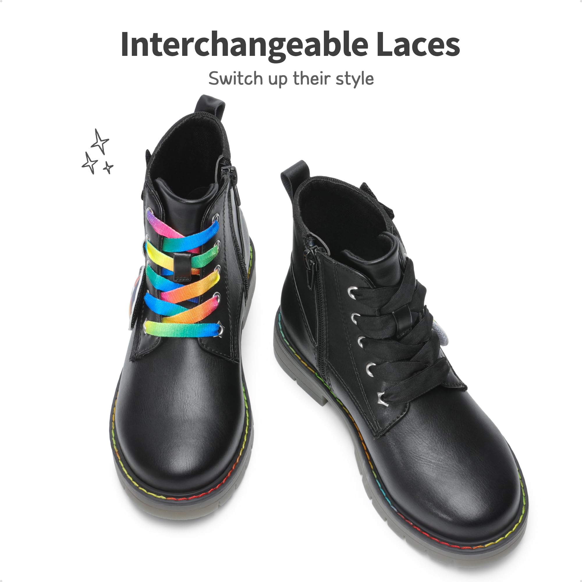 DREAM PAIRS Girls Boys Ankle Boots Side Zipper Combat Shoes with Interchangeable Lace Up SDBO2220K-1 Size 2 BLACK