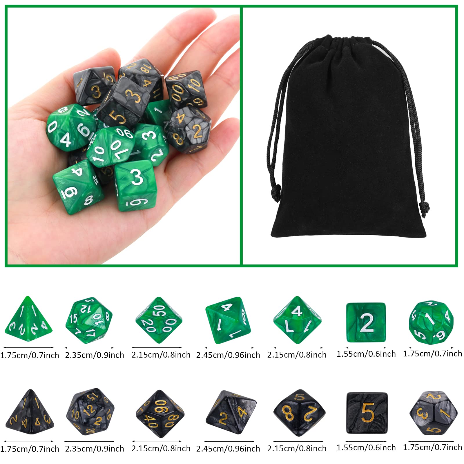 Grevosea 2 Set DND Dice, 14 Pieces Polyhedral Dice Set Table Game Dice with Drawstring Bags D4 D6 D8 D10 D% D12 D20 Multisided Dice for DND MTG RPG Role Playing Dice Games(Green, Black)