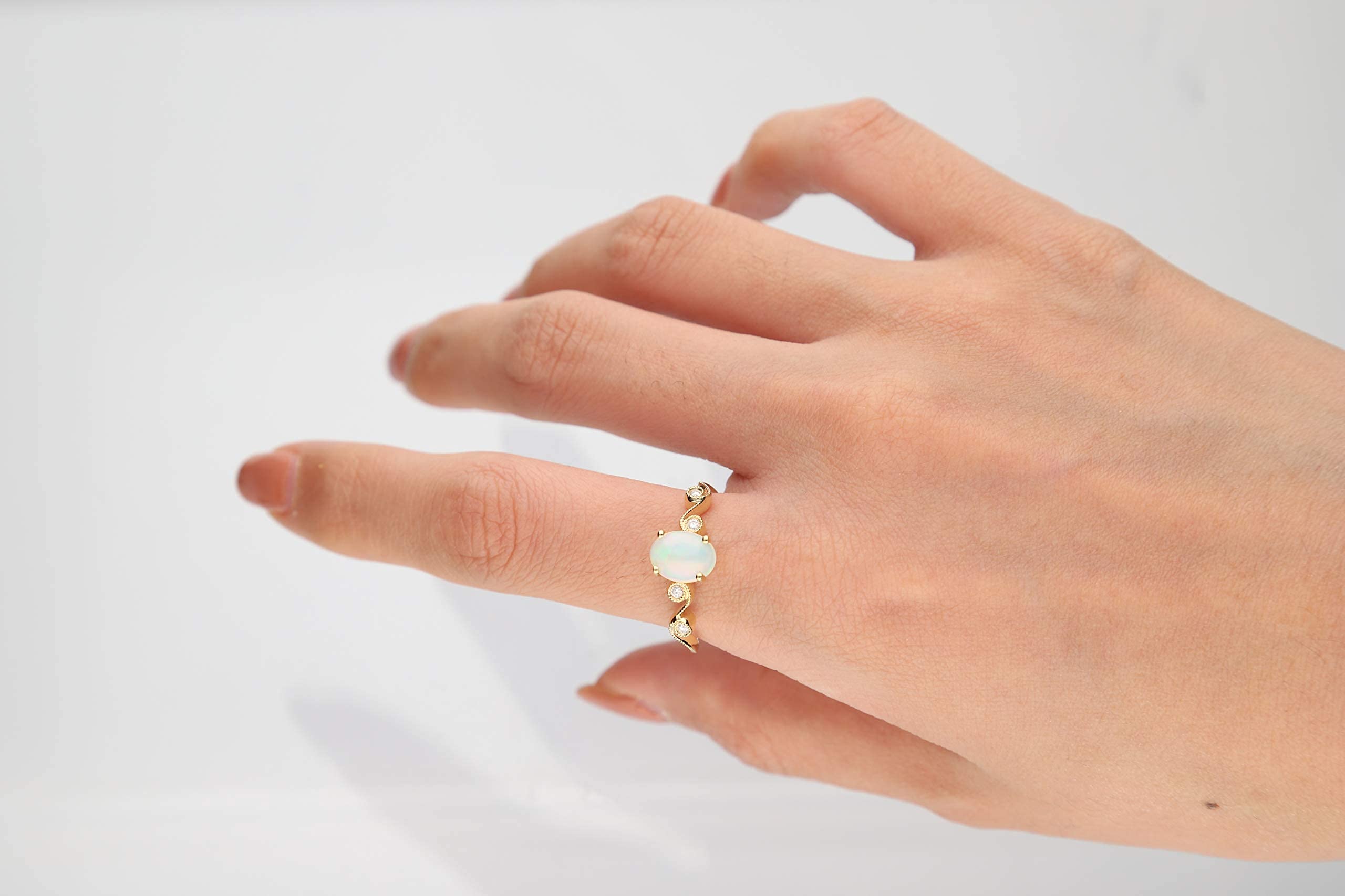 Gin & Grace 14K Yellow Gold Natural Ethiopian Opal Ring with Real Diamonds| Ethically, authentically & organically sourced (Oval) Shaped Opal Hand-Crafted Jewelry for her | Opal Ring for Women