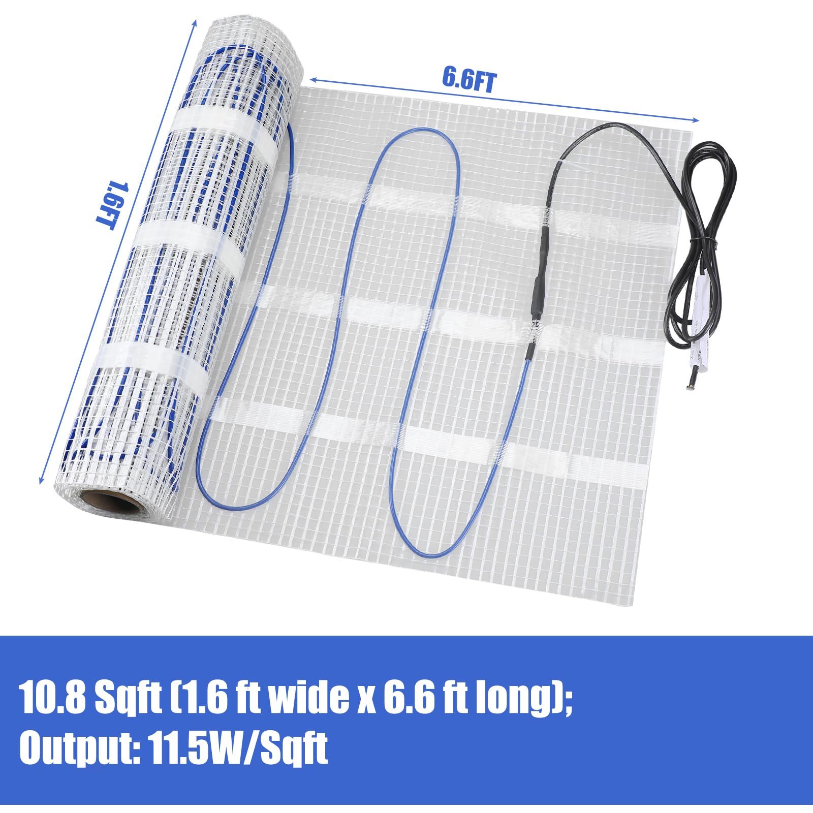 Electric Radiant Floor Heating System Kit for Under Tile and Laminate, Radiant Heated Floor Mat Self Adhesive, Floor Direct Mount Heating Mat Roll, Adjustable Tape (1 Amps, 10.8 Sqft)